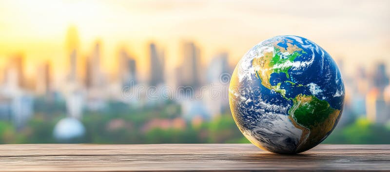 A Small Earth Globe Sits on a Wooden Surface at Sunset, Set Against a ...