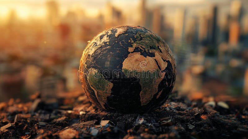A Small Earth Model on Polluted Ground Against a City Sunset Stock ...