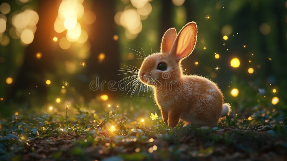 Small Easter Bunny Hops through a Magical Forest Illuminated by ...