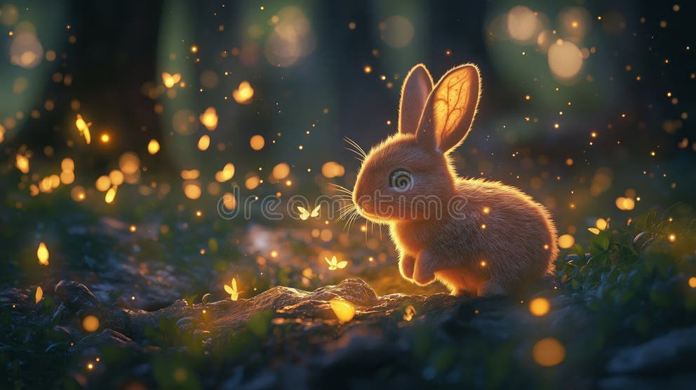 Small Easter Bunny Hops through a Magical Forest Illuminated by Fireflies Stock Image - Image of ...