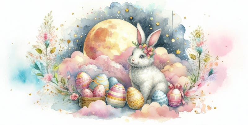 Small Easter Bunny on a Pink Cloud Under a Huge Moon Stock Illustration ...