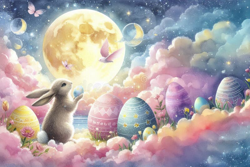 Small Easter Bunny on a Pink Cloud Under a Huge Moon Stock Illustration ...