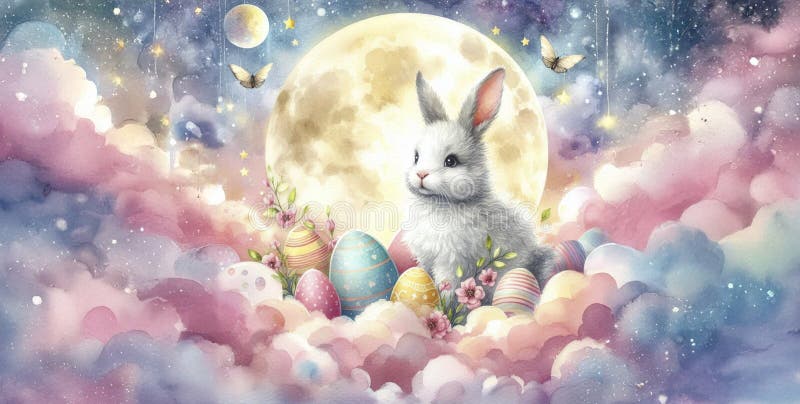 Small Easter Bunny on a Pink Cloud Under a Huge Moon Stock Illustration ...