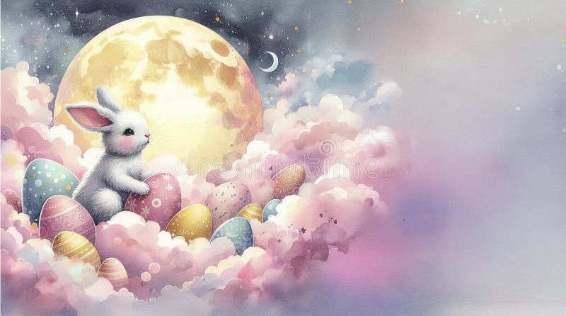 Small Easter Bunny on a Pink Cloud Under a Huge Moon Stock Illustration ...