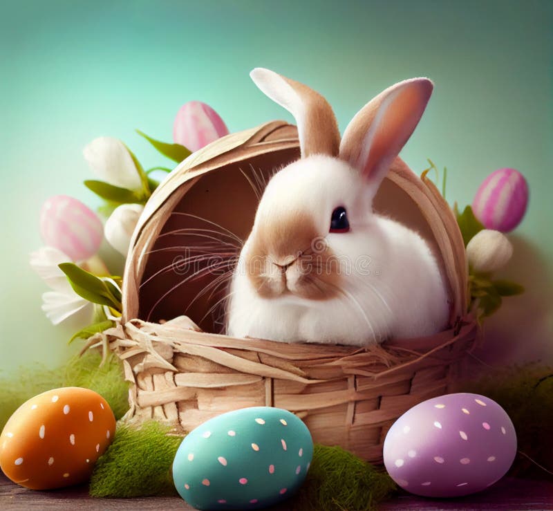 A Small Easter Rabbit with Eggs in a Basket Stock Illustration ...