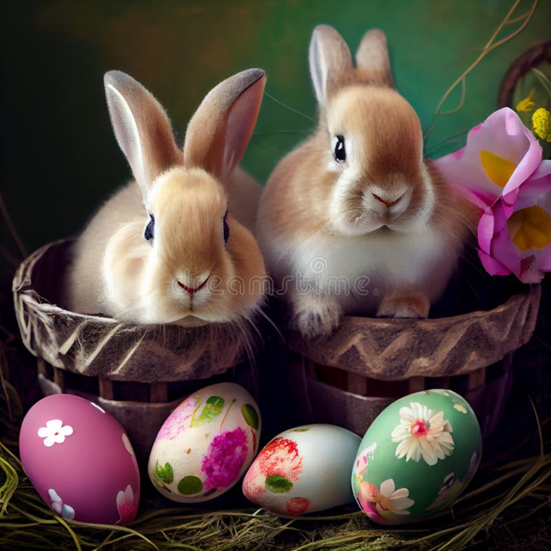 A Small Easter Rabbit with Eggs in a Basket Stock Illustration ...