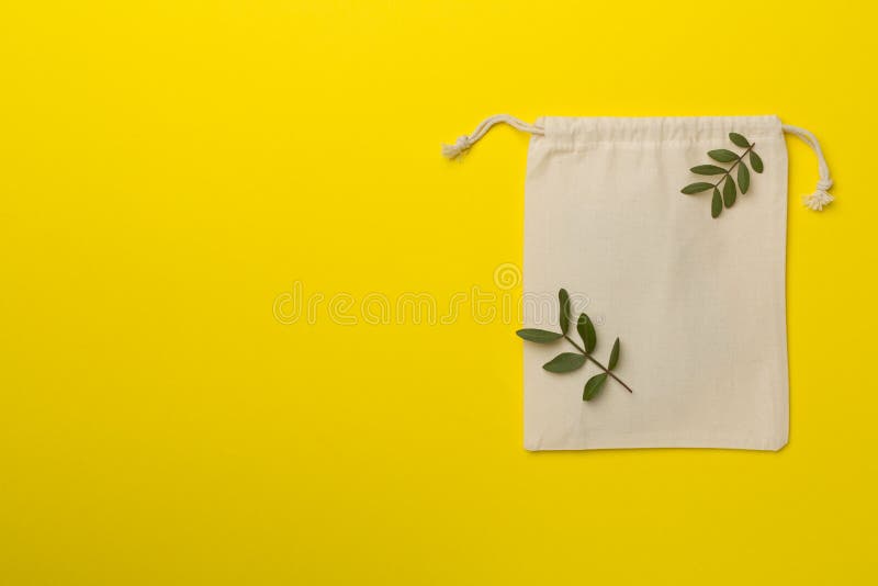 Small Eco Sack with Green Leaves on Color Background. Top View Stock ...