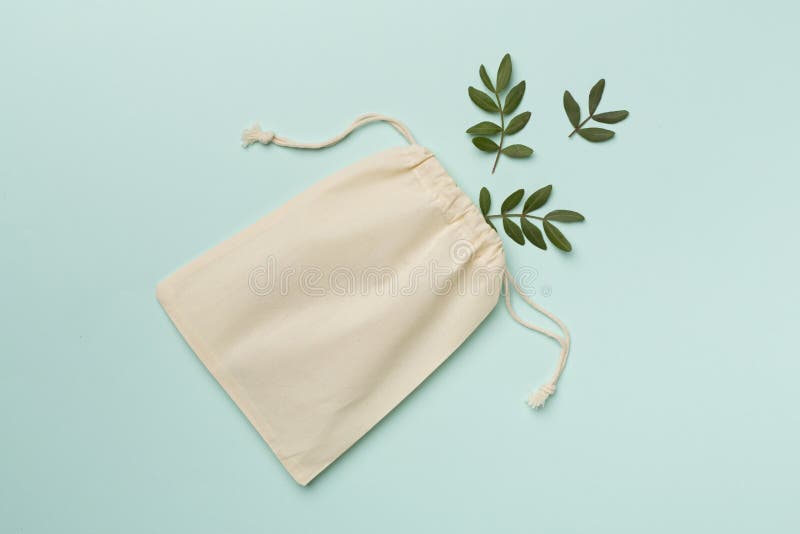 Small Eco Sack with Green Leaves on Color Background. Top View Stock ...