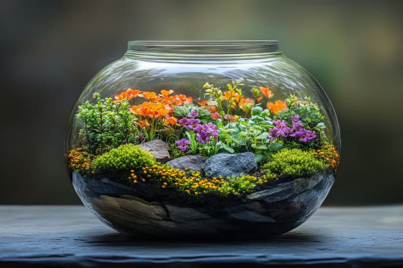 Small Ecosystem with Colorful Flowers and Moss Growing Inside a Glass ...