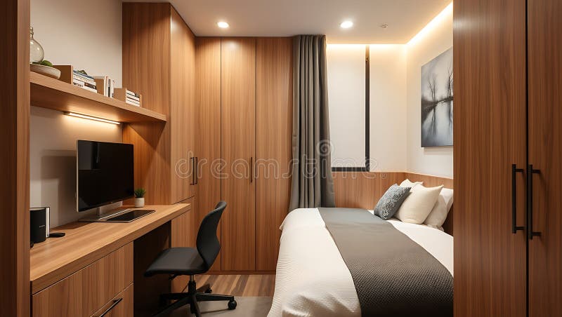 A Small Efficient Room with a Built in Work Desk Compact Wardrobe and ...