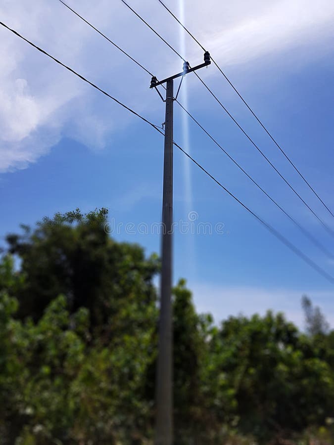 Small Electric Power Line with Blue Sky Background Stock Photo - Image ...