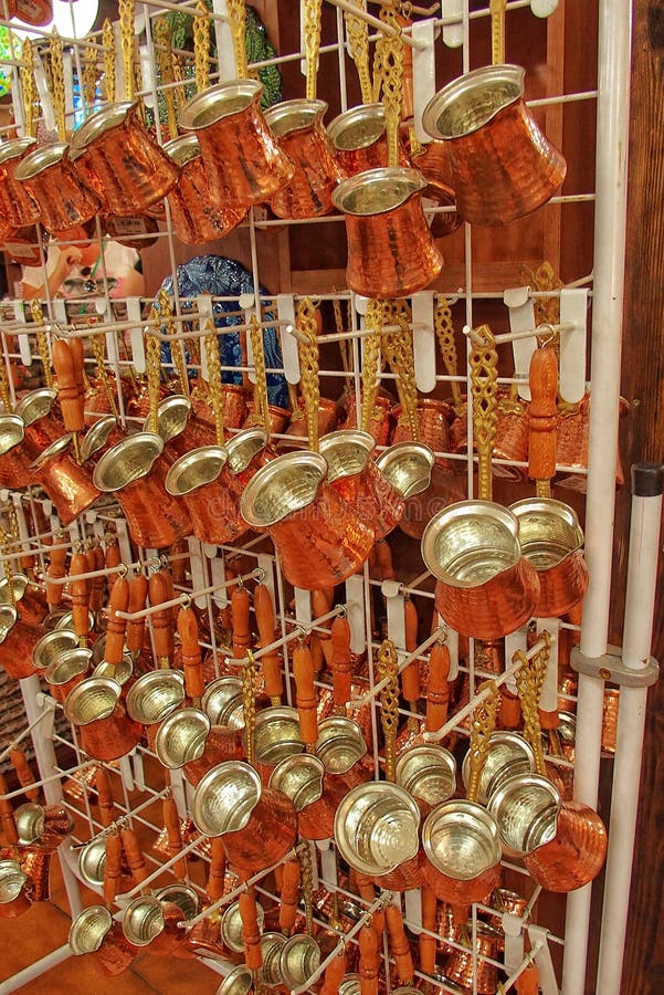 Small Elegant Copper Turkish Coffee Pots in the Shop on Display Stock ...