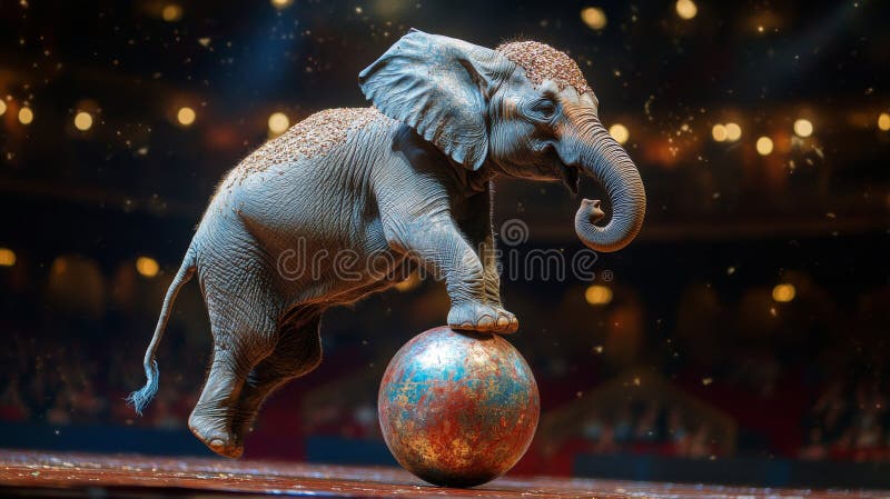 Small Elephant Balancing on a Large Red Ball in an Indoor Circus ...