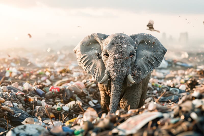 Small Elephant is Walking through a Pile of Trash Stock Image - Image ...