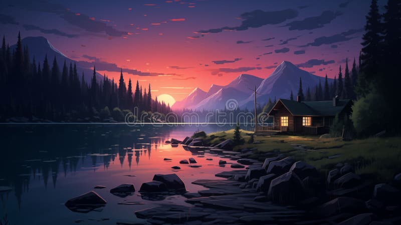 Small, Empty Cabin by the Lake Under Pristine Sky, a Relaxing Digital ...