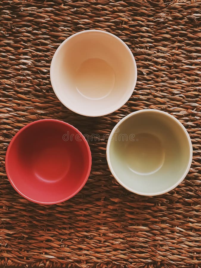 Small Empty Ceramic Measure Bowls on Rustic Wicker Background, Food ...