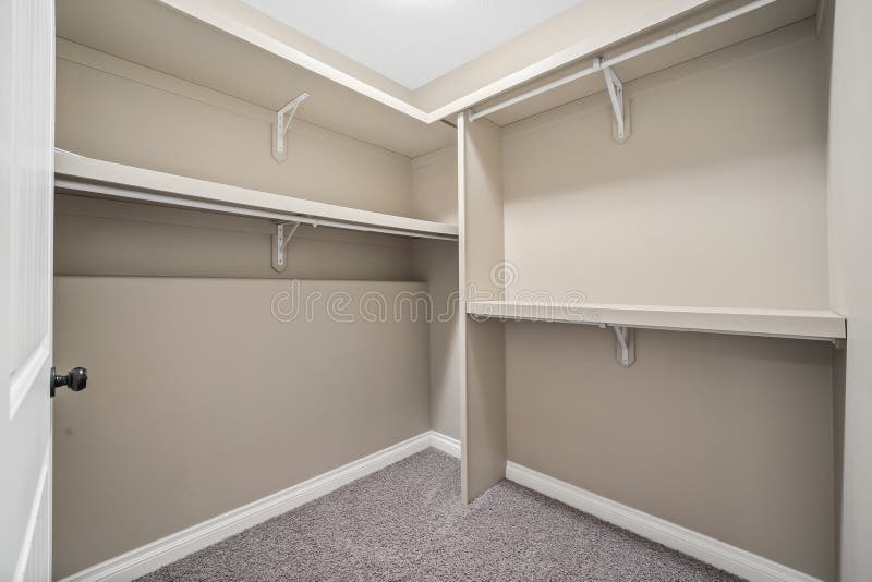Small, Empty Closet with White Walls and Shelves Stock Photo - Image of ...