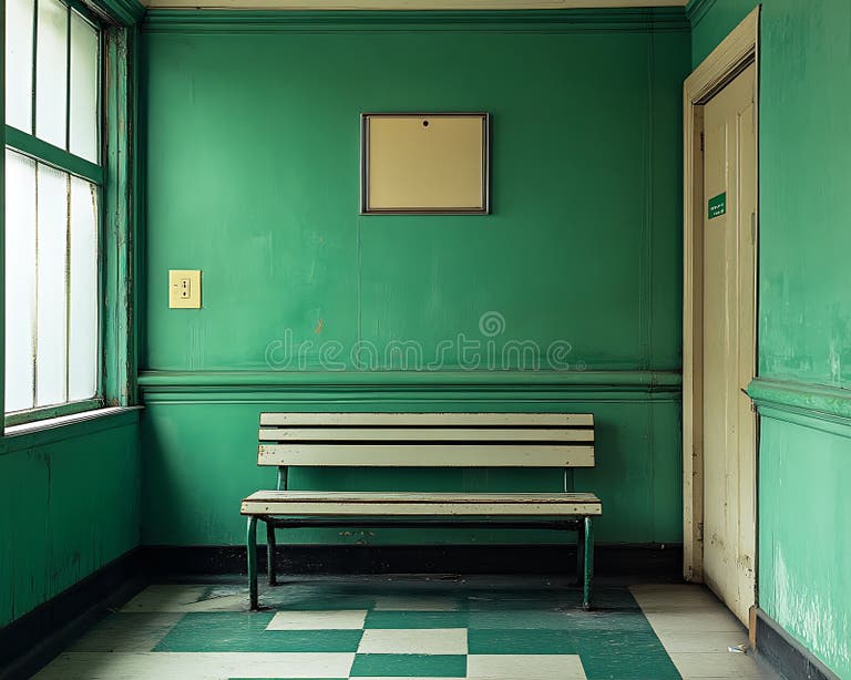 A Small Empty Green Room with a Bench and Door Stock Image - Image of ...