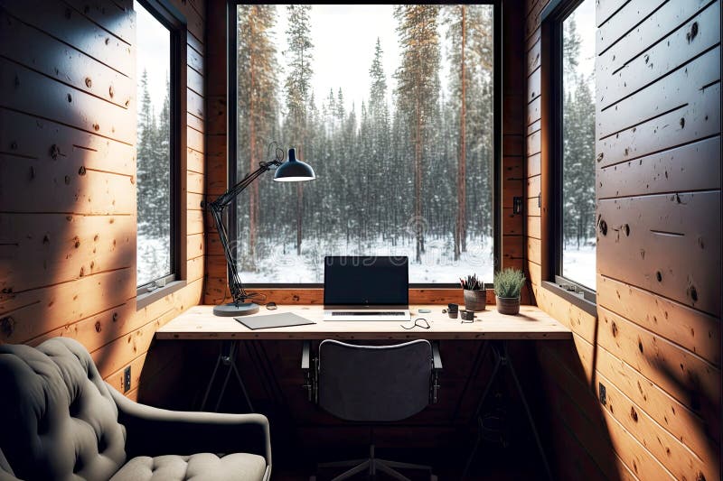 Small Empty Home Office in Cabin in Forest with Modern Interior Stock ...
