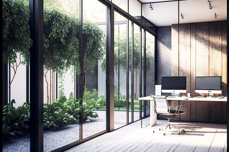 Small Empty Office Overlooking Garden with High-tech Interior Stock ...