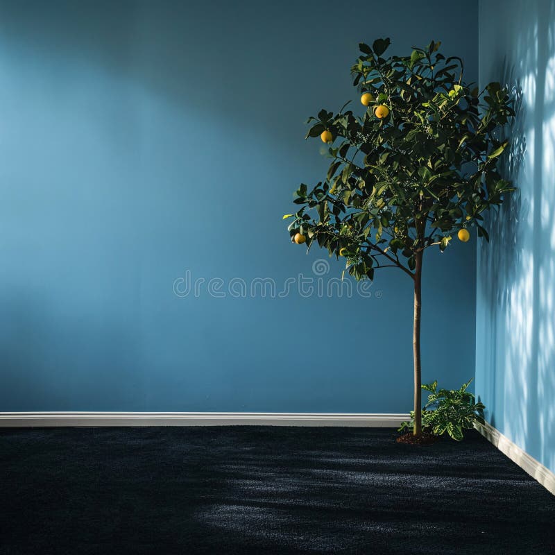 Small Empty Room with Lemon Tree on Black Carpet Stock Image - Image of ...