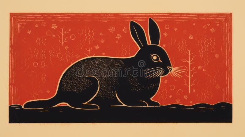 Minimalist Woodblock Print Illustration of a Black and Brown Rabbit ...