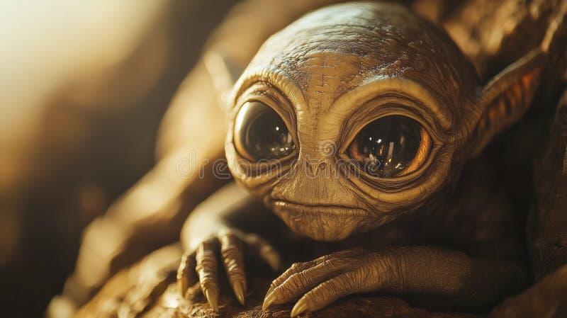 A Small Alien Creature with Large Eyes Sits Quietly among Rocks in a ...