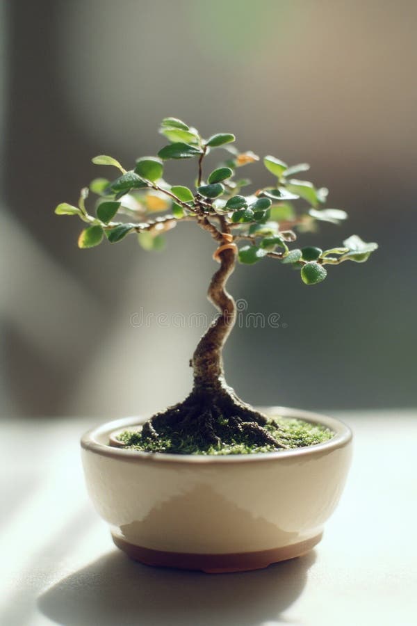 A Small Evergreen Tree Grown in a Shallow Container, Placed on a Table ...