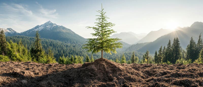 Small Evergreen Tree Stands on a Mound. Mountain Range and Forest in ...