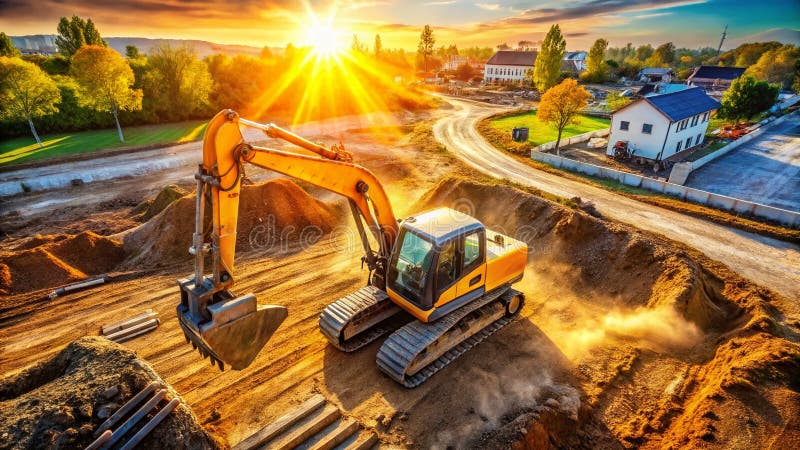 Small Excavator Working on a Construction Site Aerial Perspective Capturing Precision and ...
