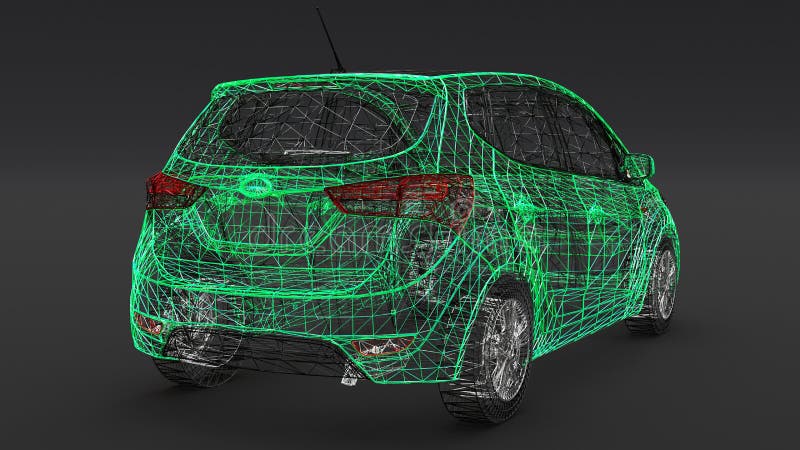 Small Family Car, Mesh Design. 3D Rendering Stock Illustration ...
