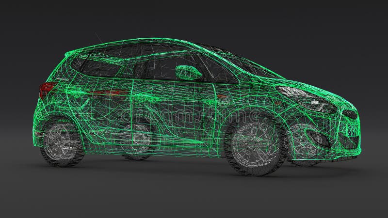 Small Family Car, Mesh Design. 3D Rendering Stock Illustration ...