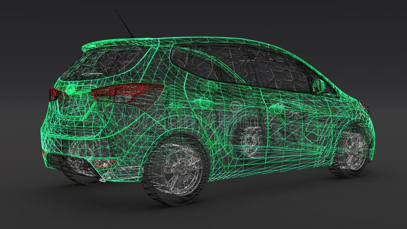 Small Family Car, Mesh Design. 3D Rendering Stock Illustration ...