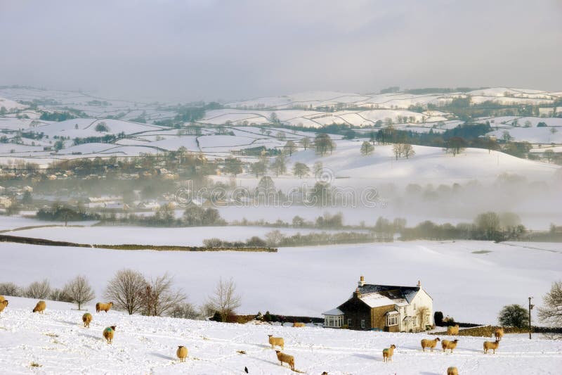 Small Farm Land in Snow Covered Hills Stock Image - Image of fields ...
