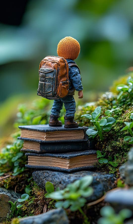 Miniature Figure Standing on Stacked Books Amidst Lush Greenery Stock ...