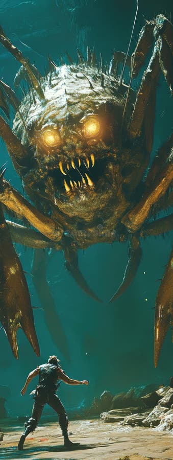 A Small Figure Facing Off Against a Massive Menacing Creature Stock ...