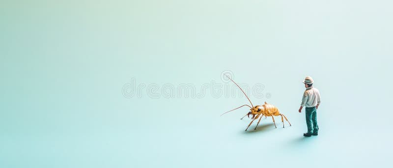 Small Figure with Large Insect Blue Background Stock Image - Image of ...