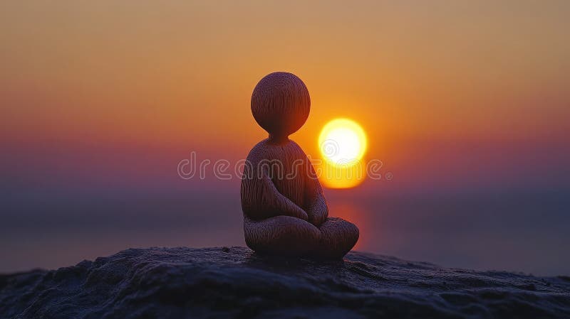 Small Figure Meditating at Sunset on a Rock Stock Photo - Image of ...