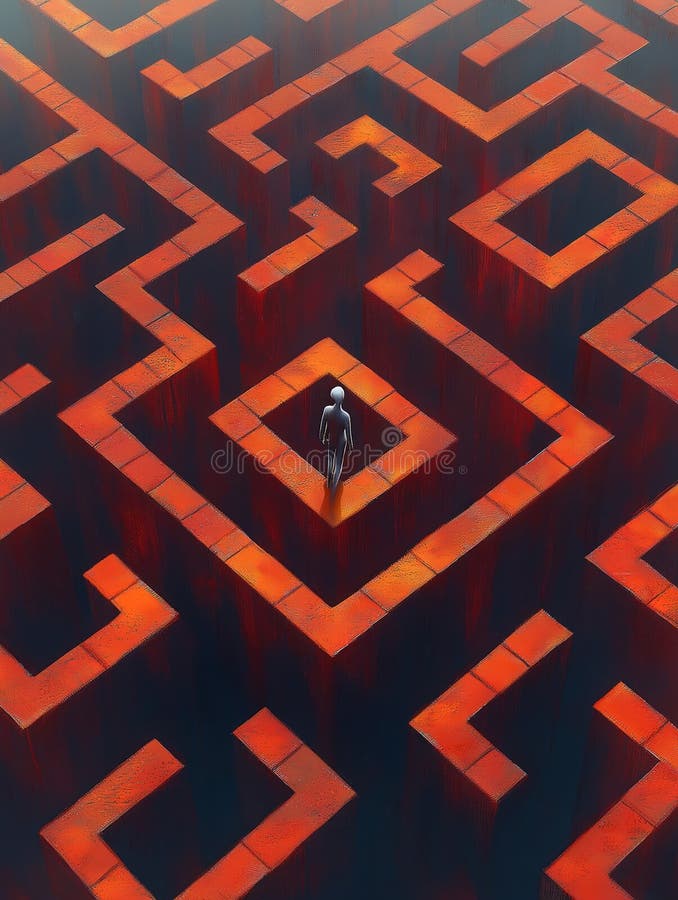 Small Figure Navigates Complex Maze. Abstract Representation of Mind ...