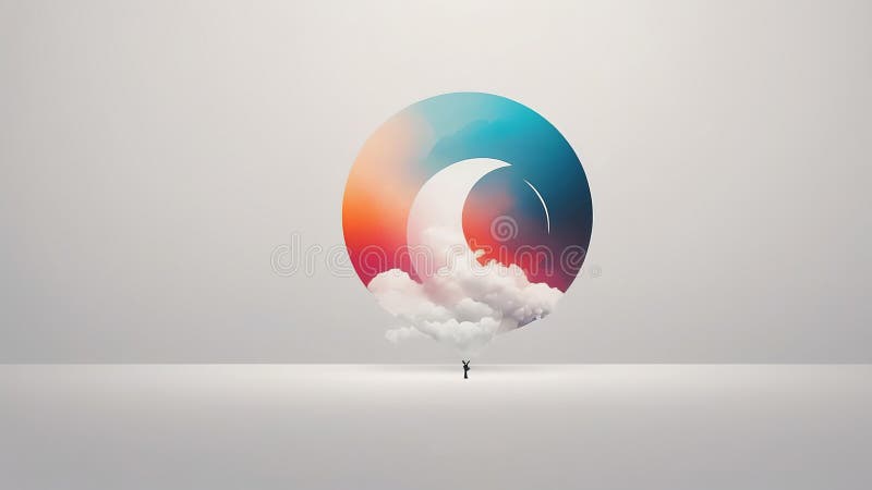A Small Figure Reaches Up To a Floating Sphere with a Crescent Moon and ...