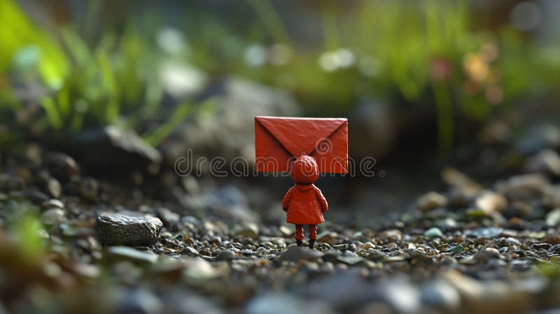 Small Figure with Red Envelope Explores Garden Path during Golden Hour ...