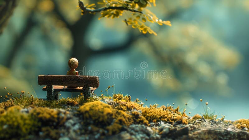 A Small Figure Sits on a Bench in a Lush Landscape Under a Tree ...
