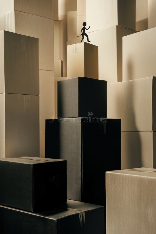 A Small Figure Stands Triumphantly Atop a Stack of Black and Beige ...