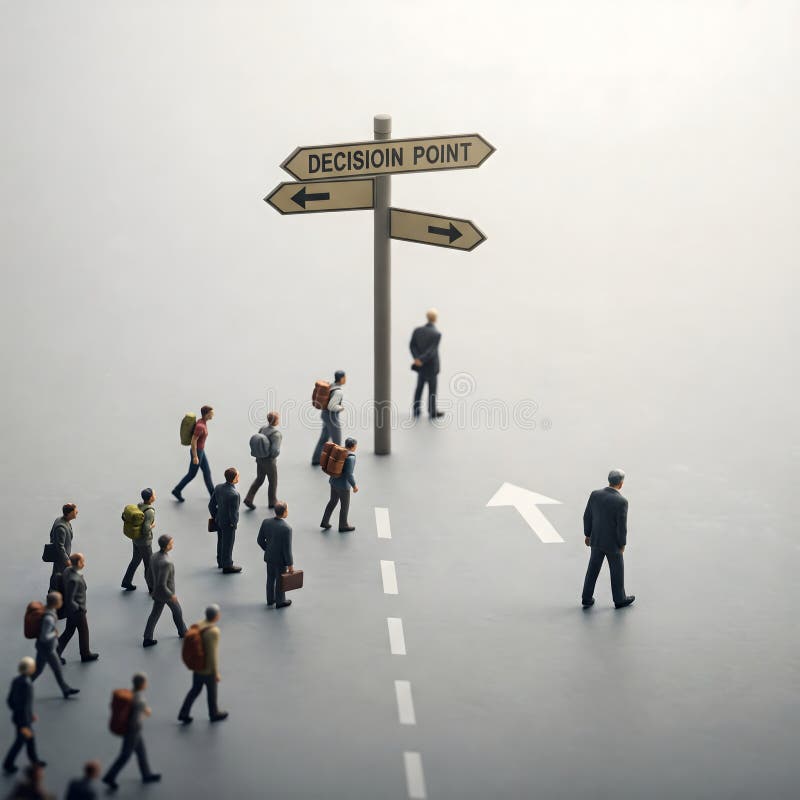 Small Figures Approaching a Signpost Reading Decision Point with Arrows ...