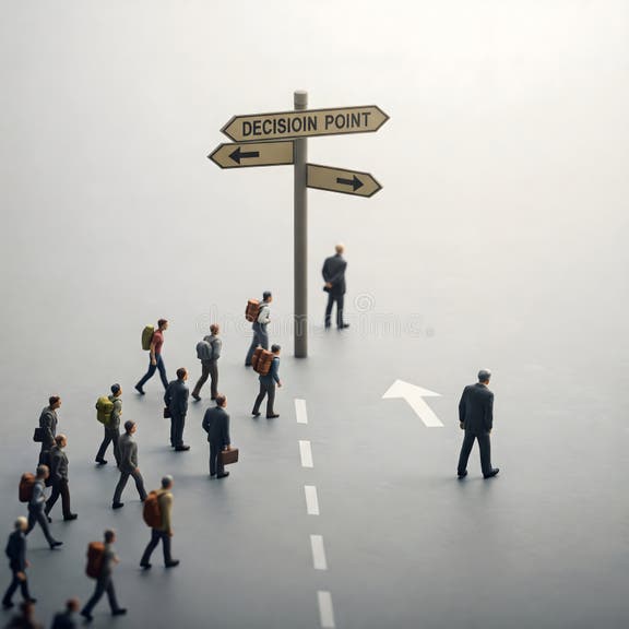 Small Figures Approaching a Signpost Reading Decision Point with Arrows ...