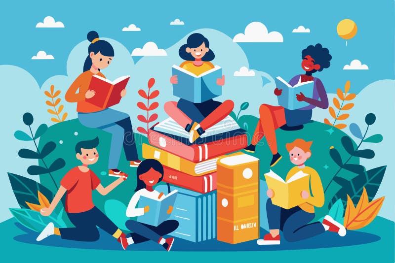 Small Figures are Engaged in Reading Various Books while Surrounded by ...