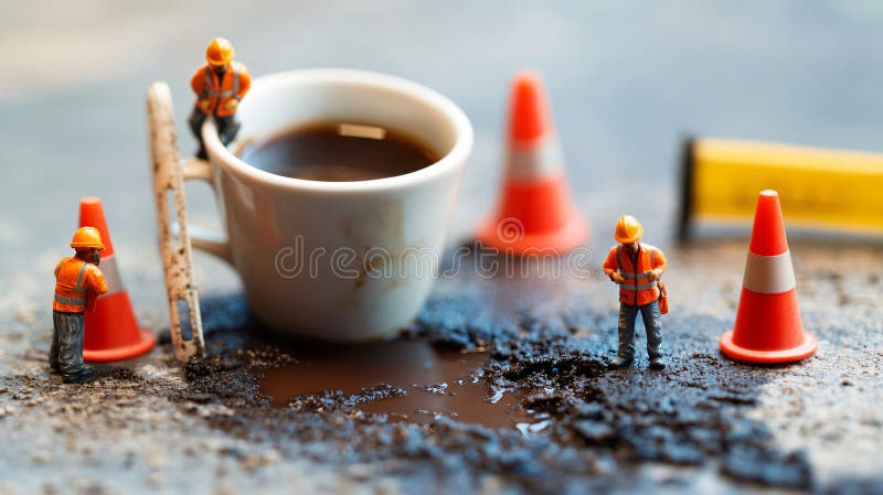Tiny Construction Workers Managing a Coffee Spill with Traffic Cones ...