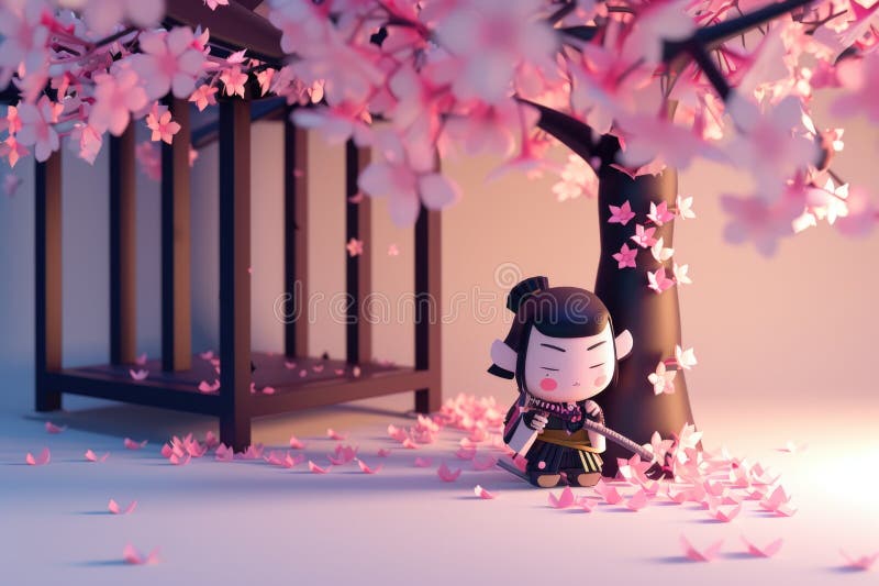 A Small Figurine of Japanese Samurai Sitting Under a Sakura Tree with ...