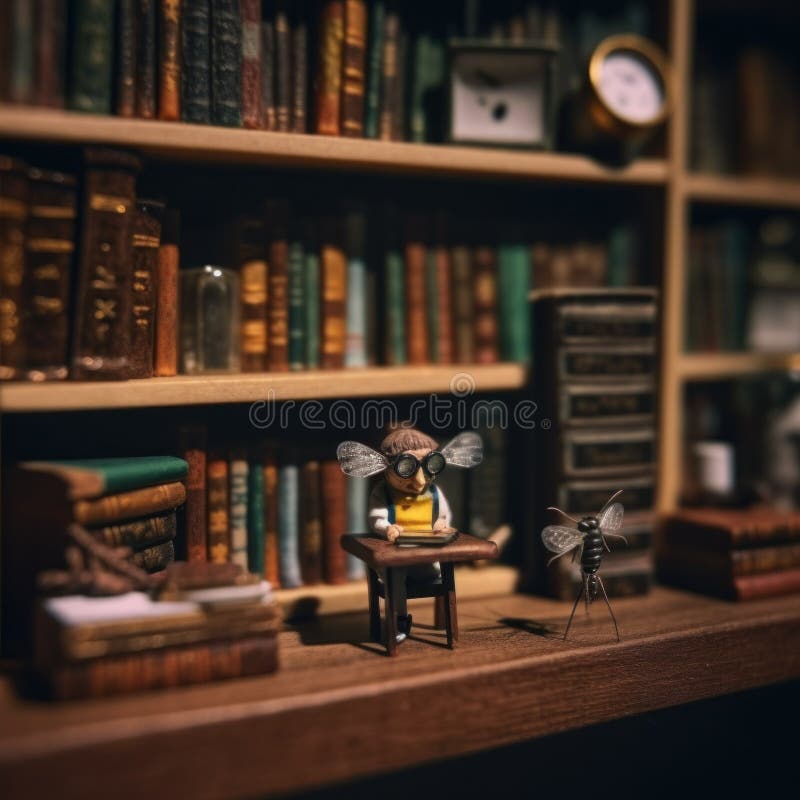 A Small Figurine Sitting on a Desk in Front of a Bookshelf. AI ...