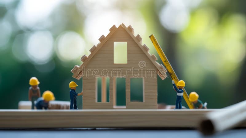 Miniature Construction Workers Building a Wooden House Model Outdoors ...